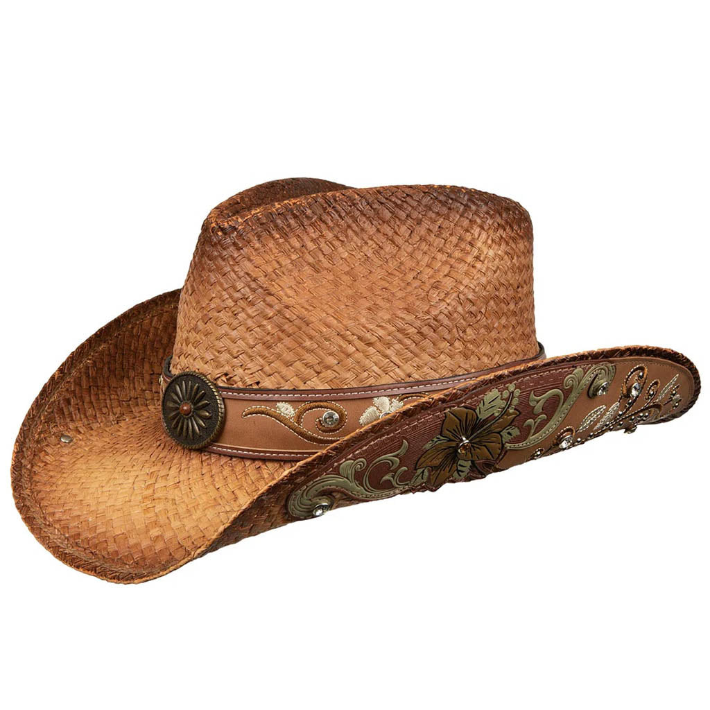 Floral Leather Accent Cowboy Hat with Brass Concho - Karen Keith Hats ...