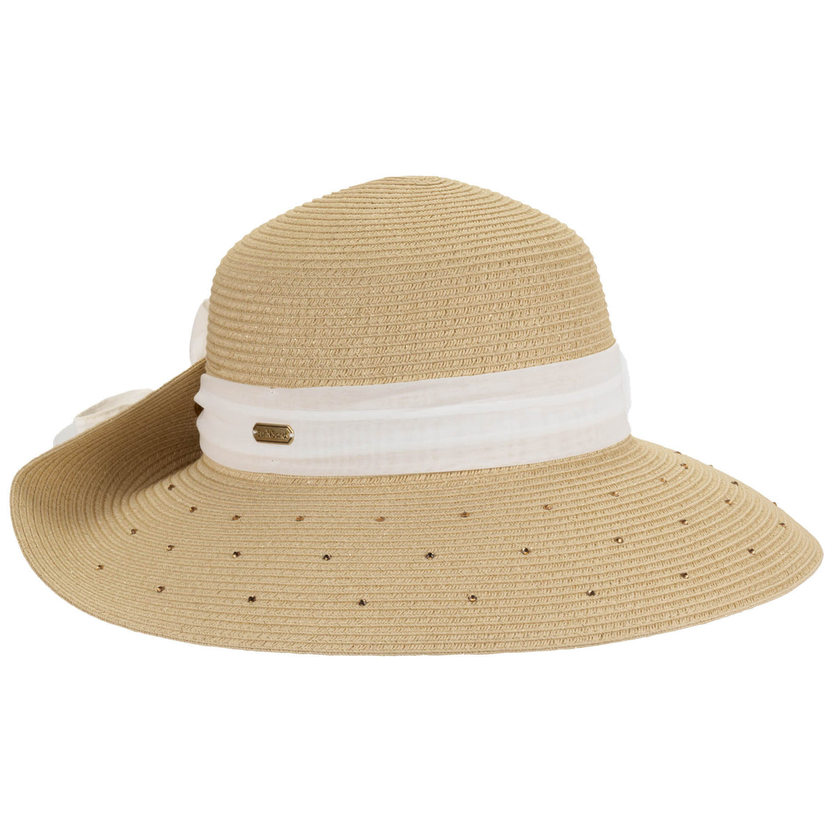 Rhinestone Studded Sun Hat with Pinned Up Back, Chiffon Scarf - Sun 'N ...