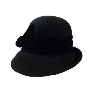 Curled Brim Slanted Cloche Wool Hat with Velvet Bow - Scala Hats ...