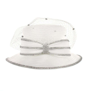 Rhinestone Bow Church Hat with Dotted Netting — SetarTrading Hats